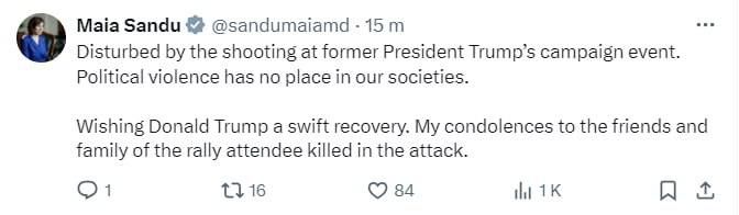 Maia Sandu condamnă atentatul asupra lui Donald Trump: „Violența ...